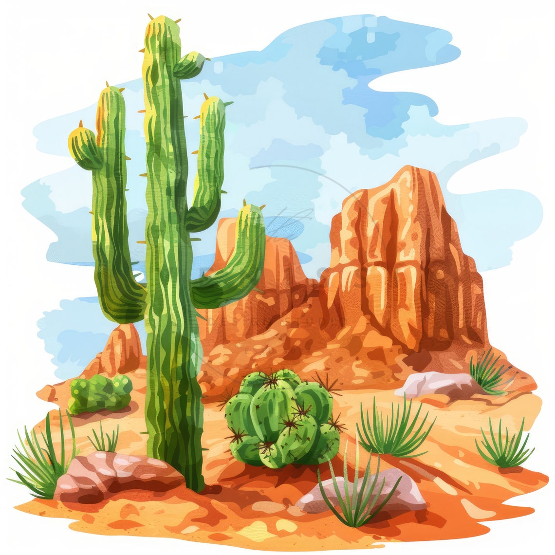 12 Watercolor Cactus in Desert Landscape Clipart Set, Desert Plant ...