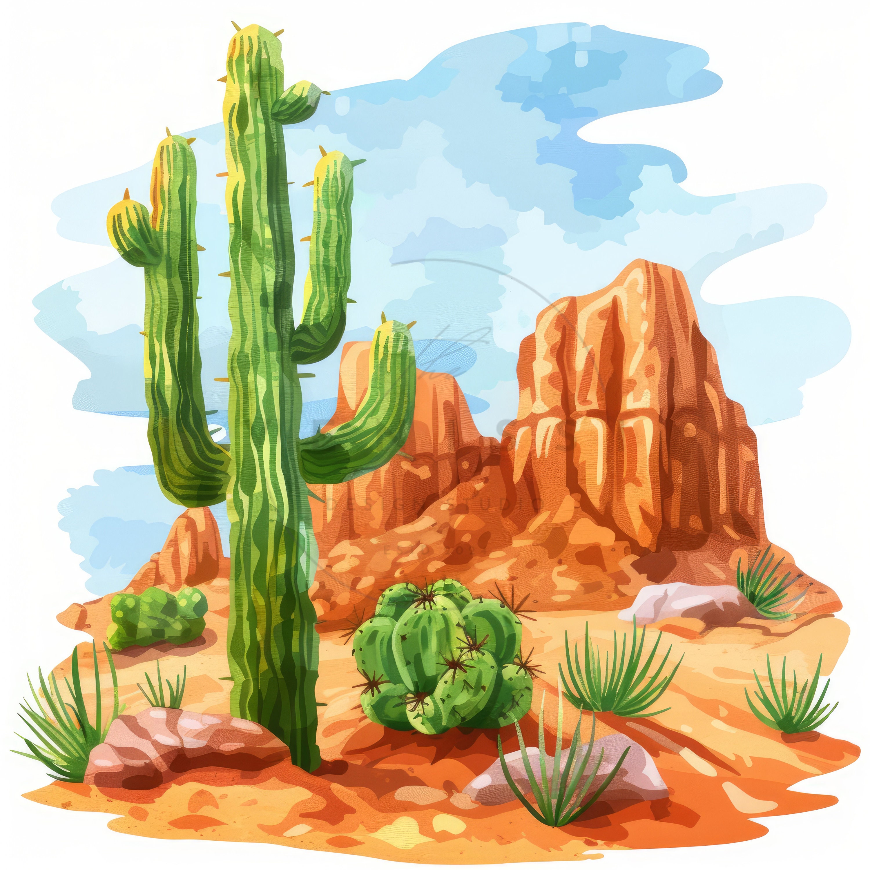 12 Watercolor Cactus in Desert Landscape Clipart Set, Desert Plant ...