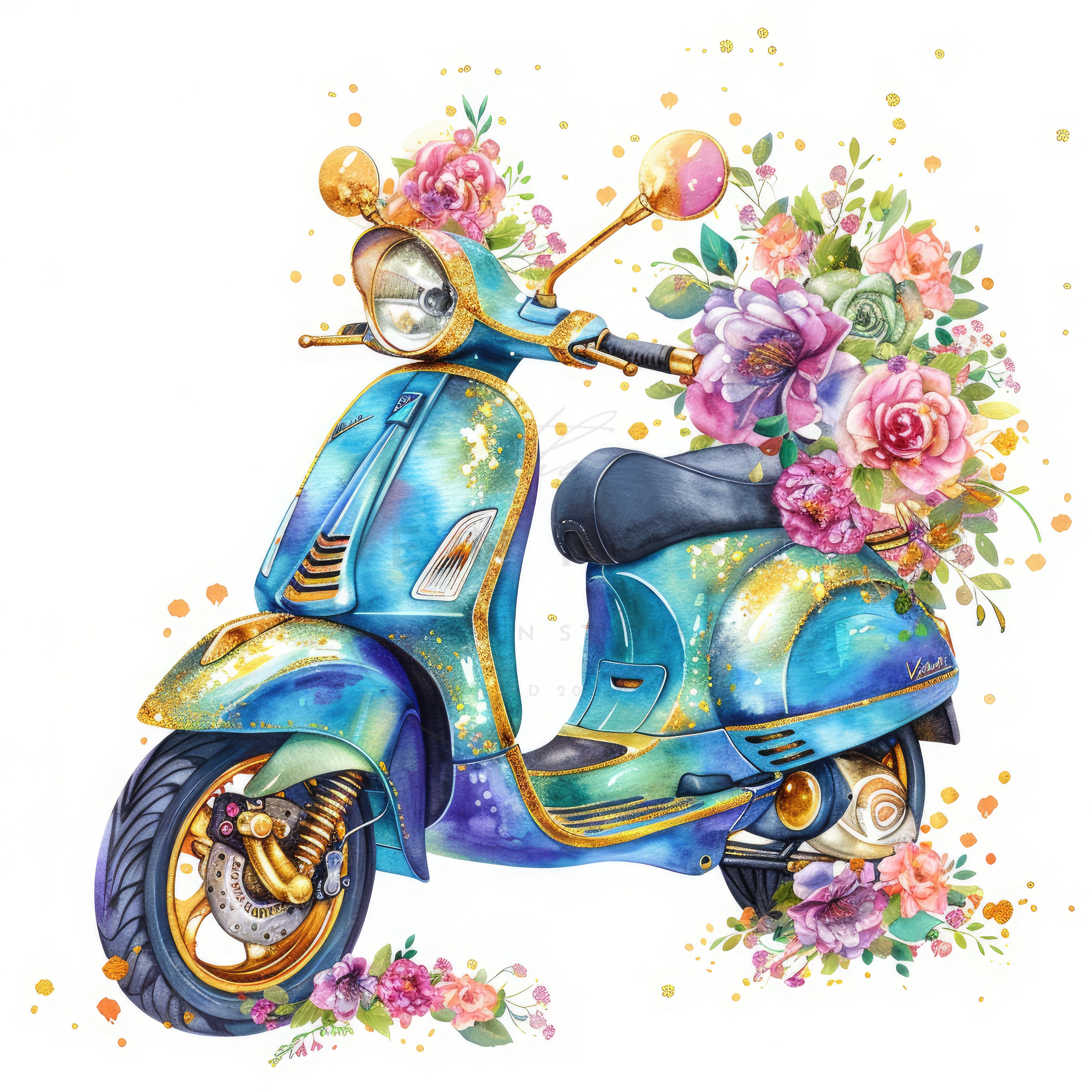 11 Vespa Scooter With Flowers and Gold Clipart, Watercolor Moto Scooter ...