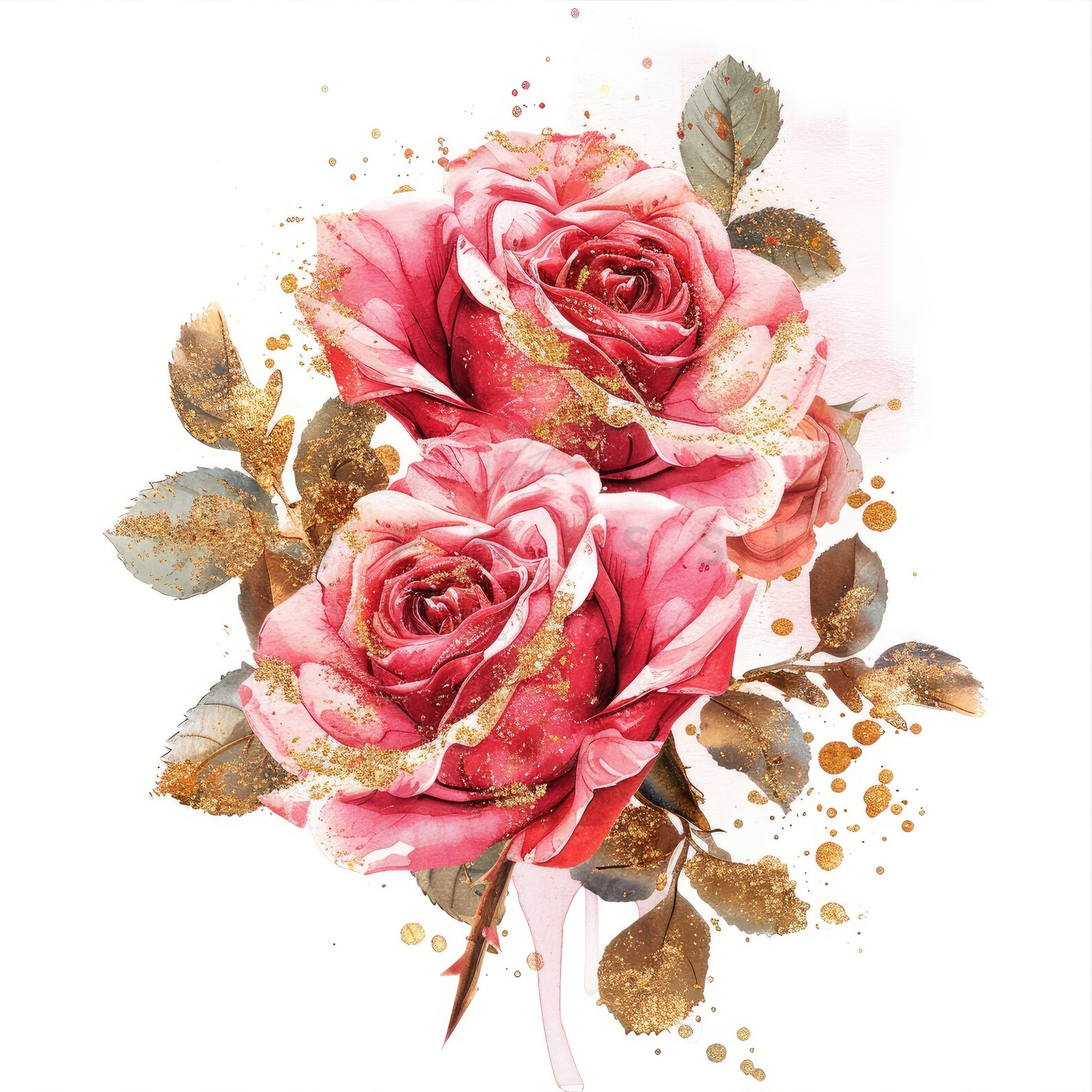 13 Pink Roses With Golden Glitter Clipart, Pink and Gold Roses Clipart ...