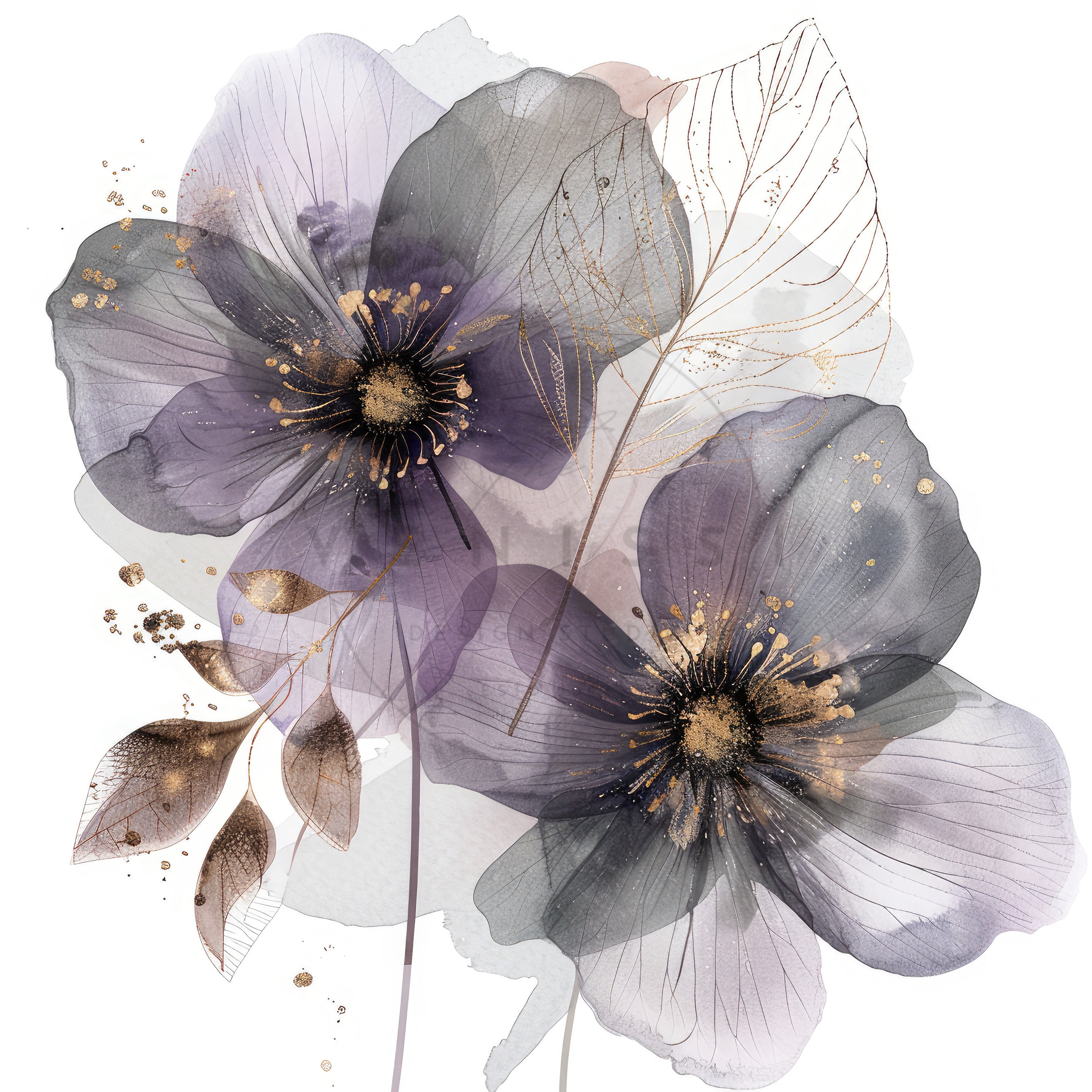 14 Abstrat Gray Gold Flowers Clipart Bundle, Flowers Print Clipart ...