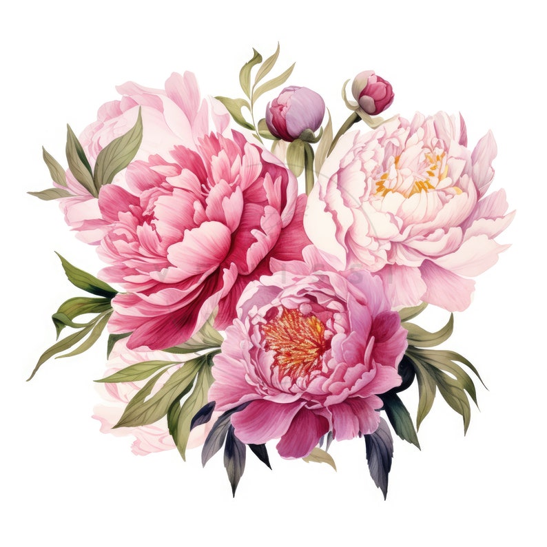 11 Watercolor Peonies Flowers Bouquet Clipart Bundle, Pink Peonies ...