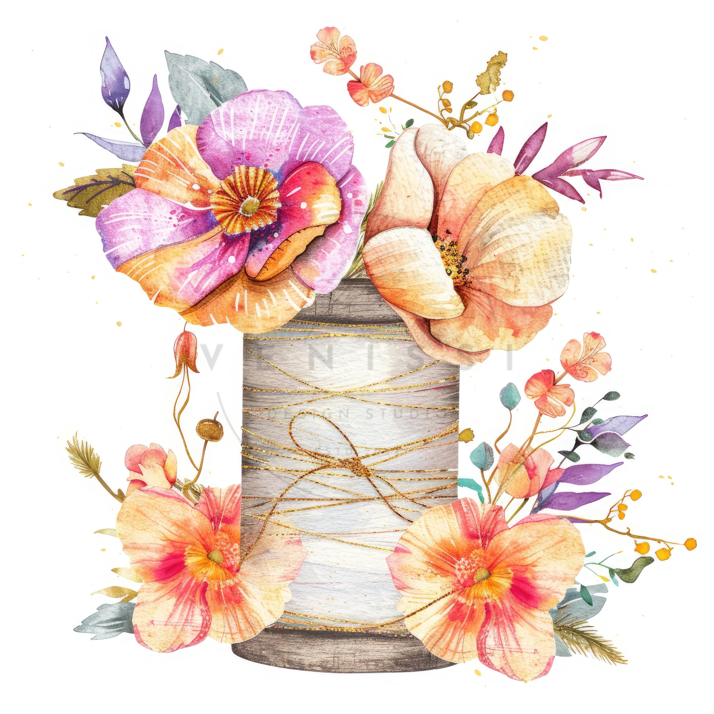 15 Vintage Spool of Thread With Flowers Clipart, Watercolor Floral ...