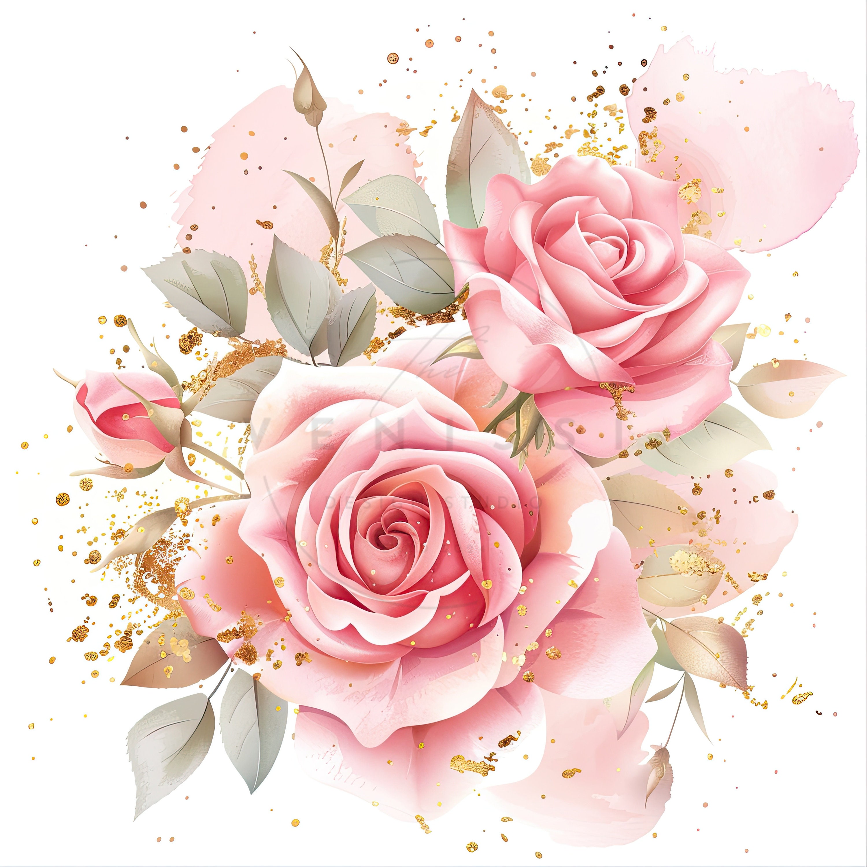 12 Pink Roses With Golden Glitter Clipart, Watercolor Pink Roses ...