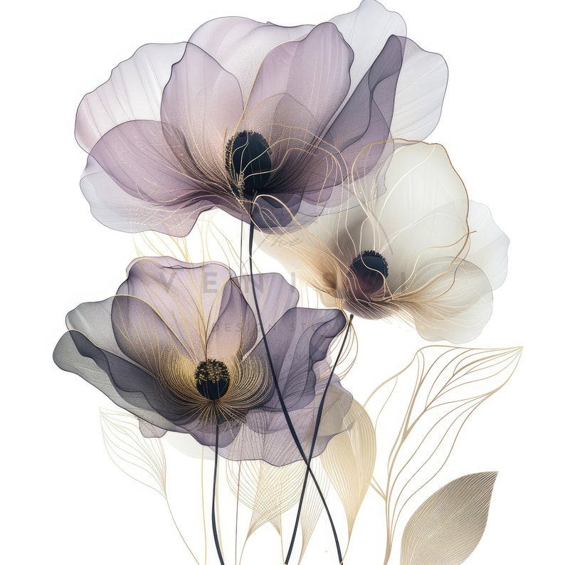 14 Abstrat Gray Gold Flowers Clipart Bundle, Flowers Print Clipart ...