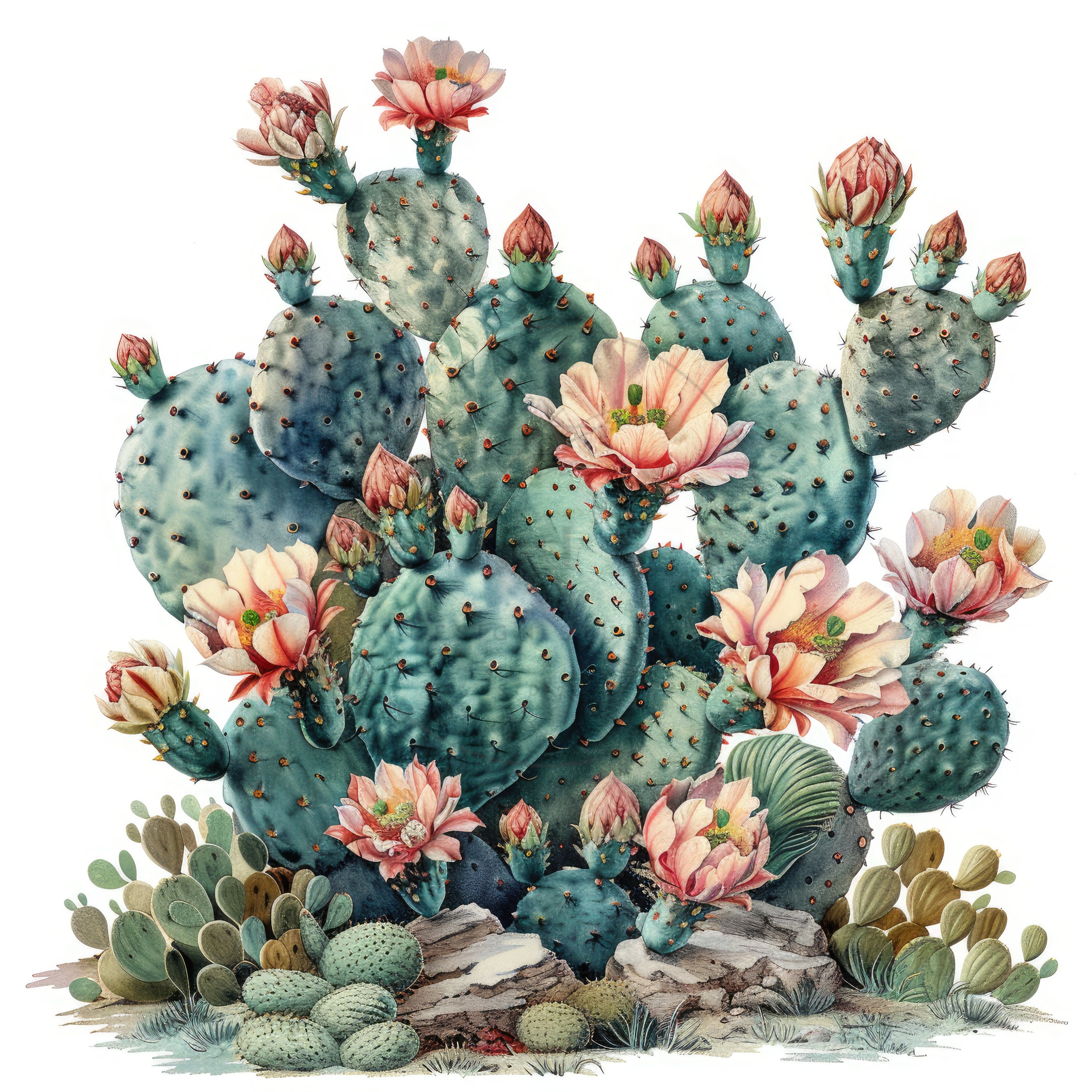 15 Vintage Blooming Cactus Watercolor Clipart Set, Desert Clipart ...