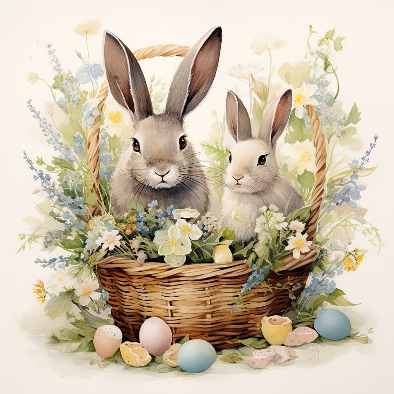 34 Easter Bunny Eggs Basket Clipart, Jpgs, Spring Bunny, Watercolor ...