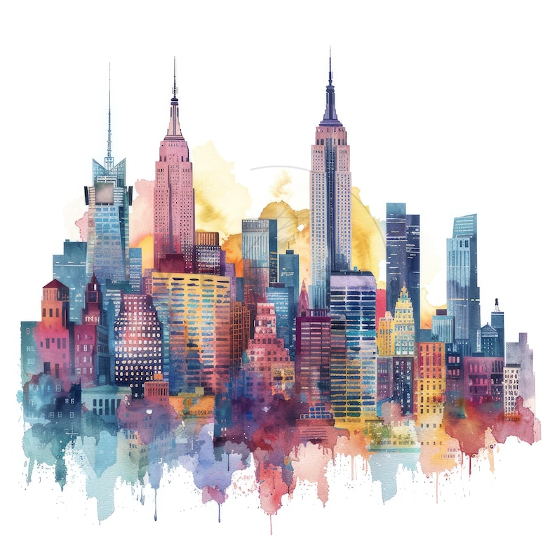 10 New York City Panorama Clipart, Watercolor New York Clipart ...