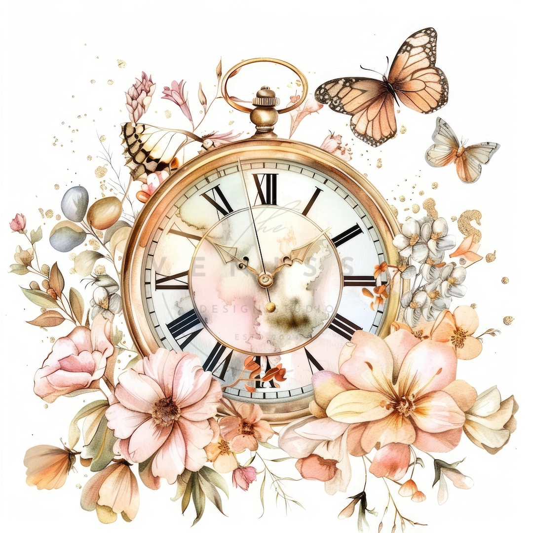 18 Vintage Clock in Flowers Clipart, Watercolor Floral Clock Clipart ...