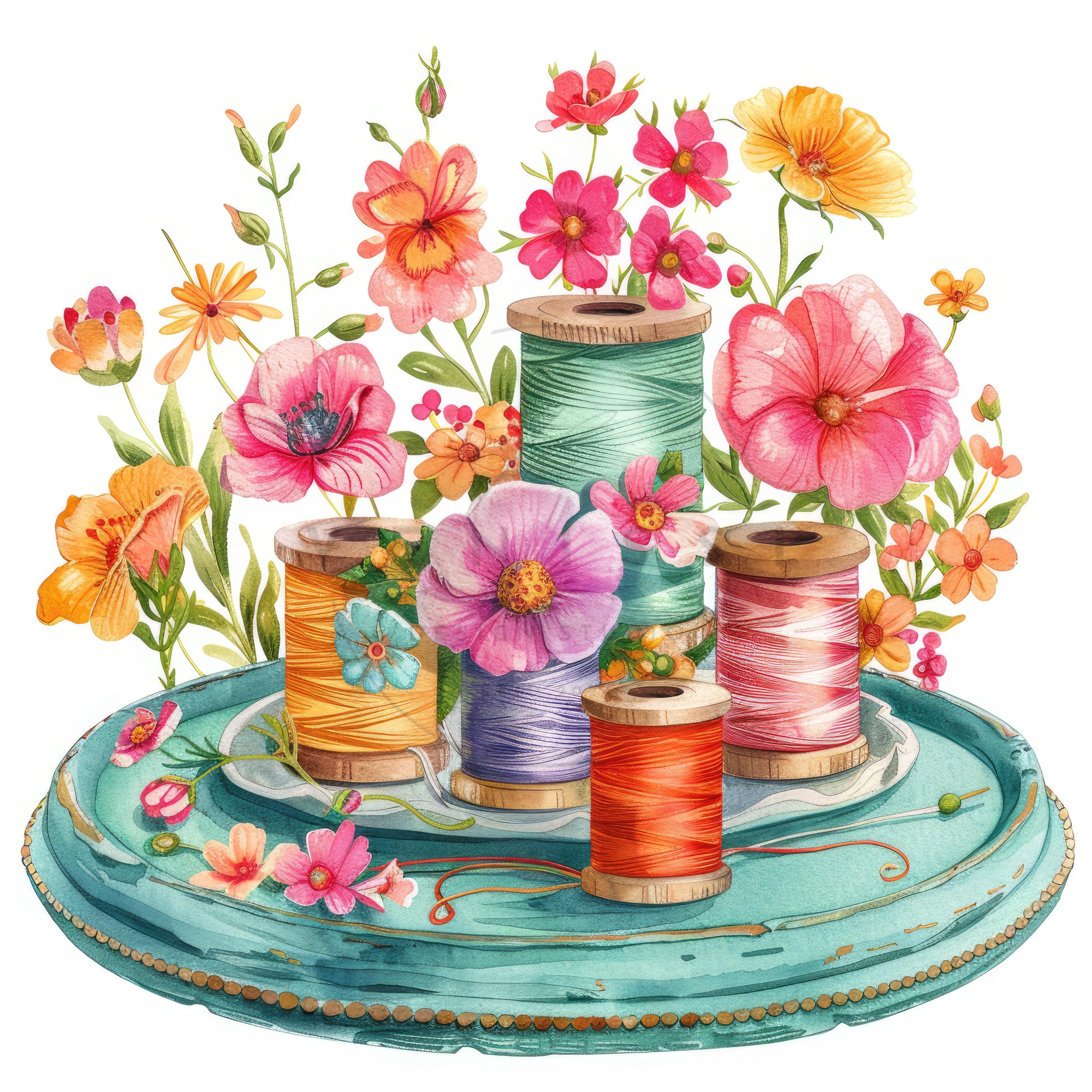 15 Vintage Spool of Thread With Flowers Clipart, Watercolor Floral ...