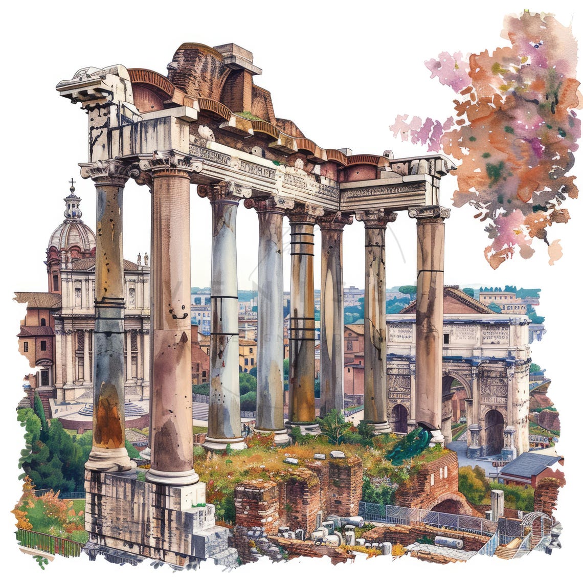 15 Watercolor Rome in Italy Clipart, Watercolor Colosseum Clip Art ...
