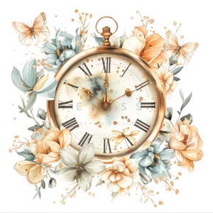 18 Vintage Clock in Flowers Clipart, Watercolor Floral Clock Clipart ...