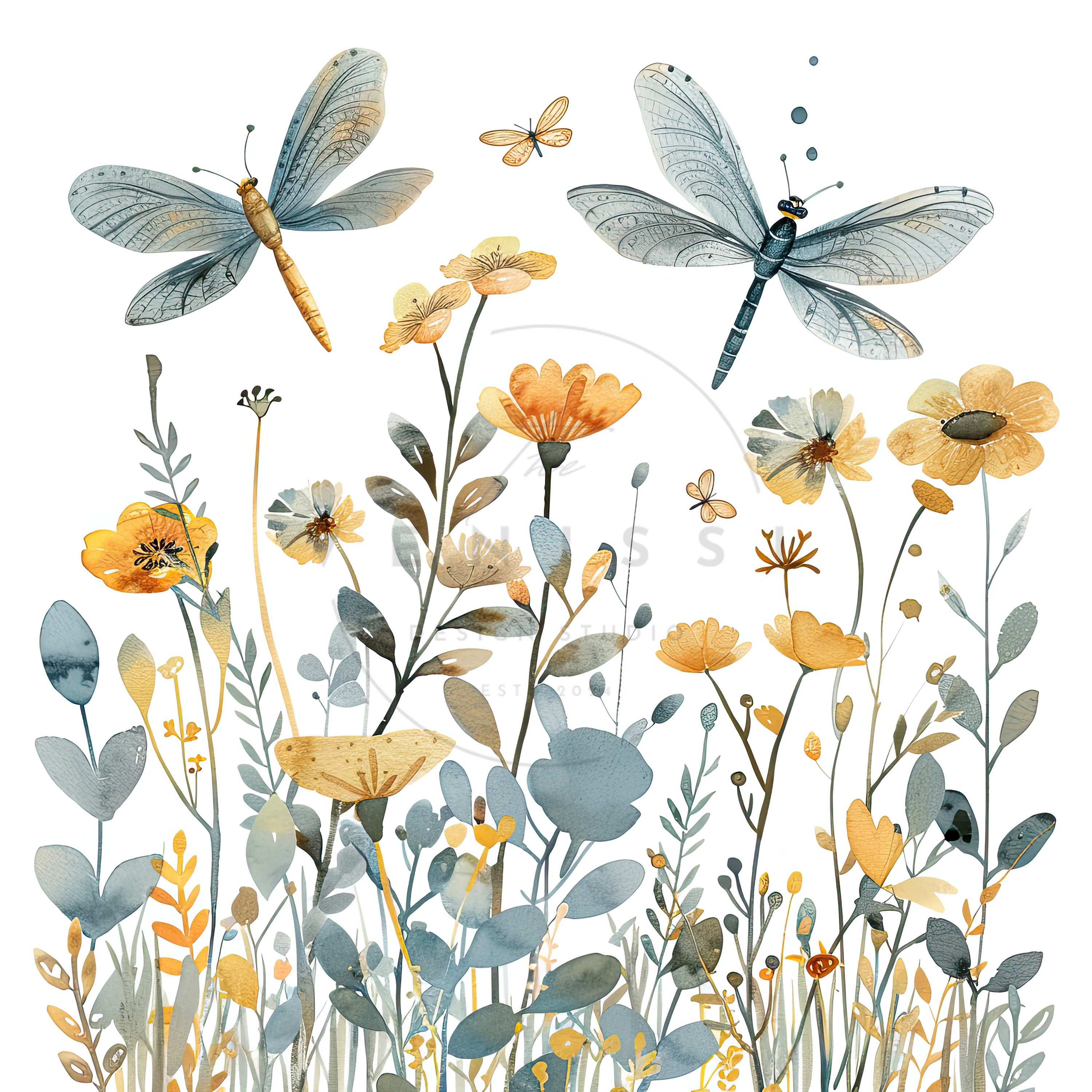 14 Vintage Dragonfly in Flowers Clipart, Watercolor Floral Dragonfly ...