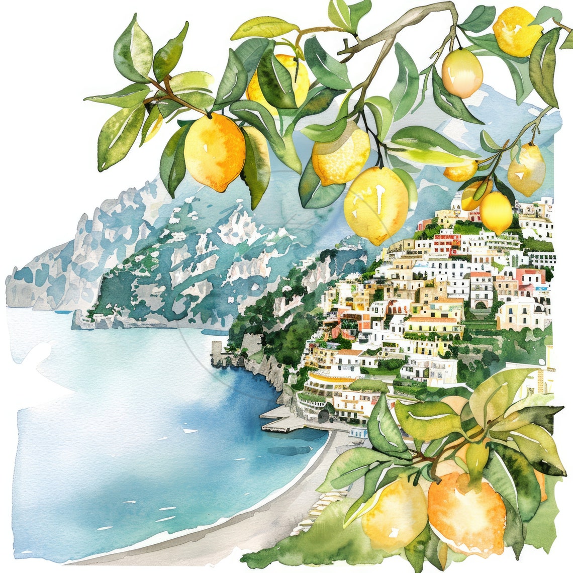 15 Italian Coast Clipart, Watercolor Amalfi Citrus Coast Clip Art ...