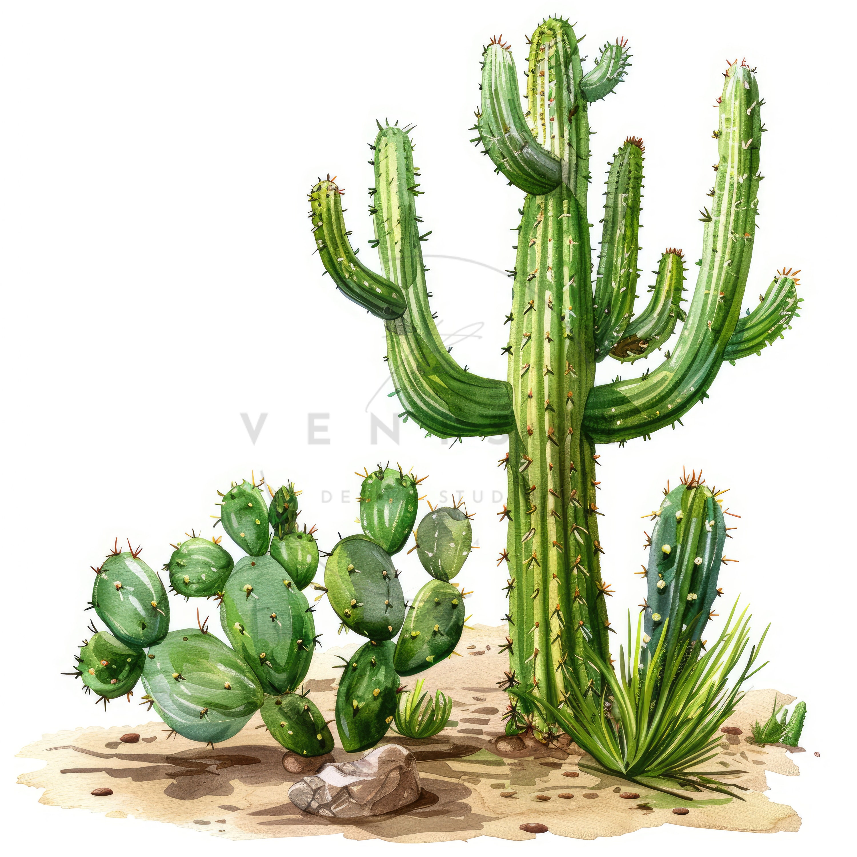 12 Watercolor Cactus in Desert Landscape Clipart Set, Desert Plant ...