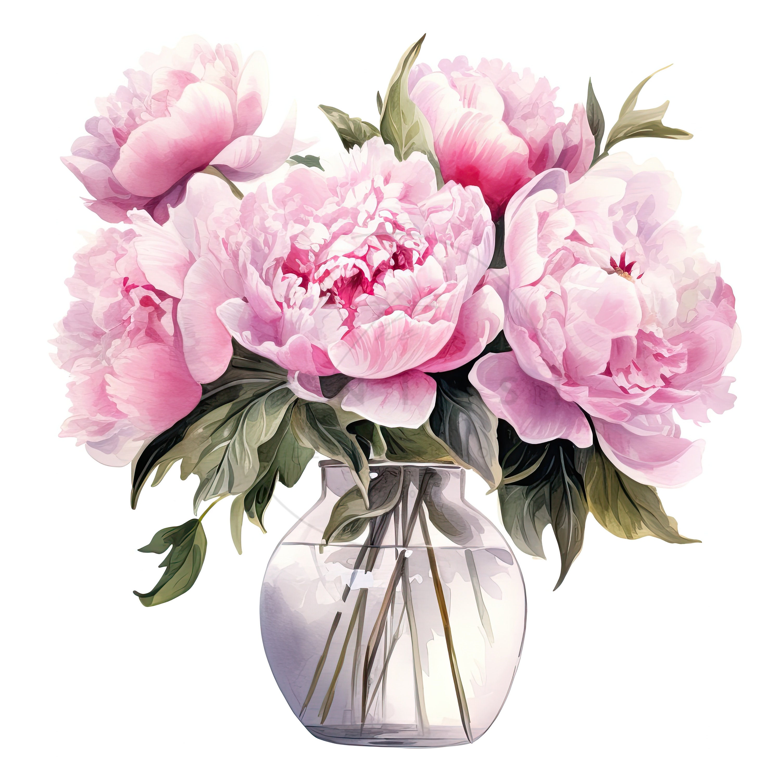 12 Peonies Bouquet in Glass Vase Clipart, Watercolor Peonies Clip Art ...