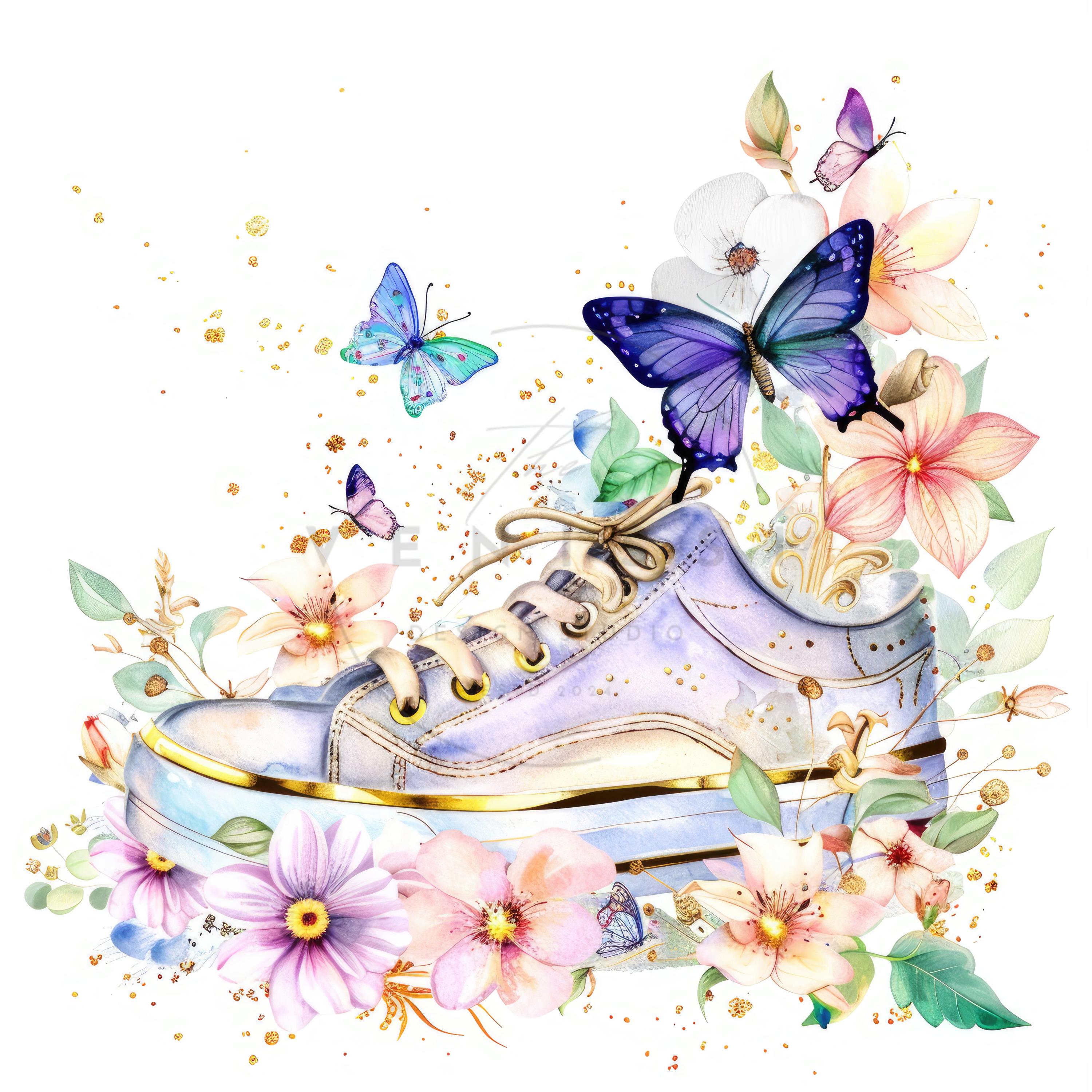 19 Floral Sneakers With Butterflies Clipart, Fashion Shoes Print ...