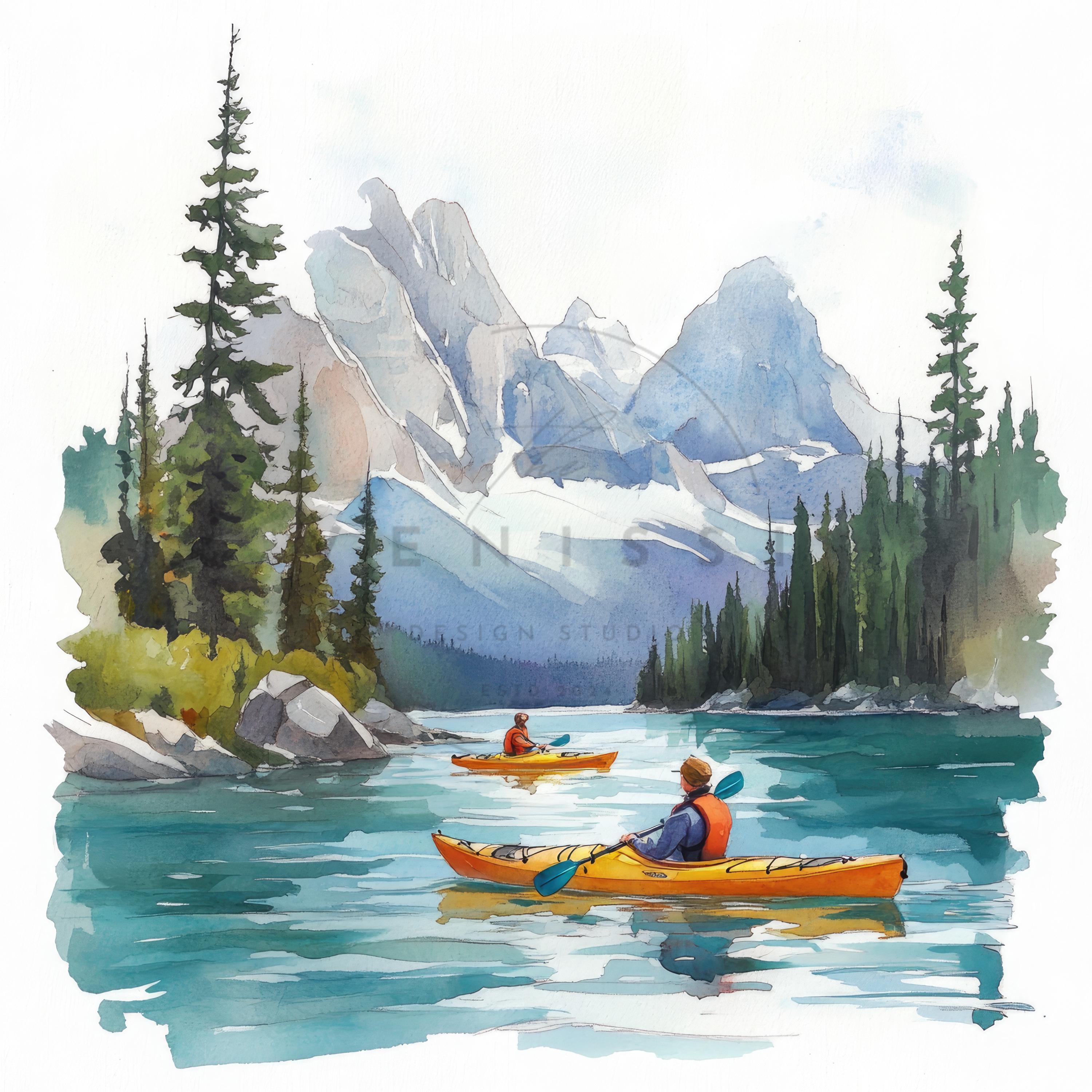 16 Kayaking Clipart, Watercolor Lake Kayaking Scenery Clip Art ...