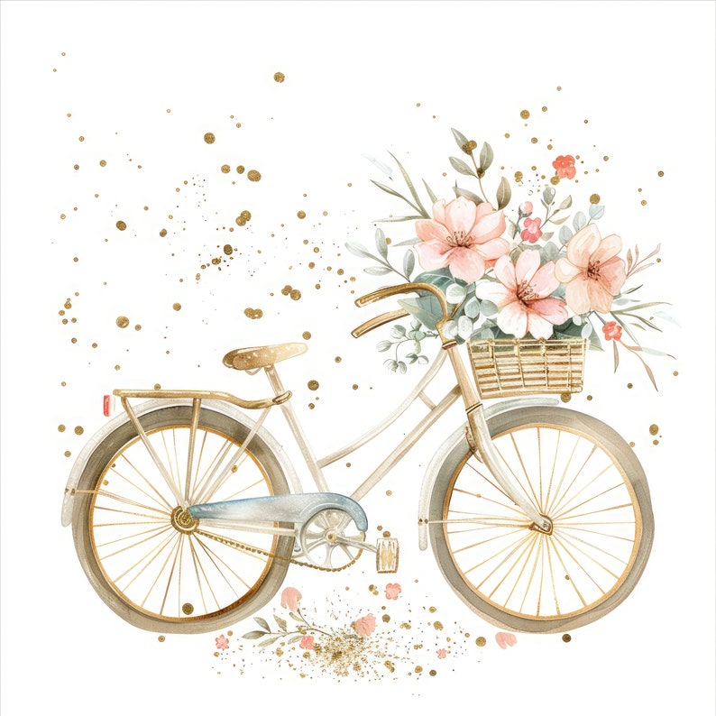 14 Bicycles With Basket of Flowers Glittered Clipart Jpgs, Watercolor ...