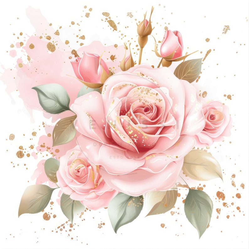 12 Pink Roses With Golden Glitter Clipart, Watercolor Pink Roses ...