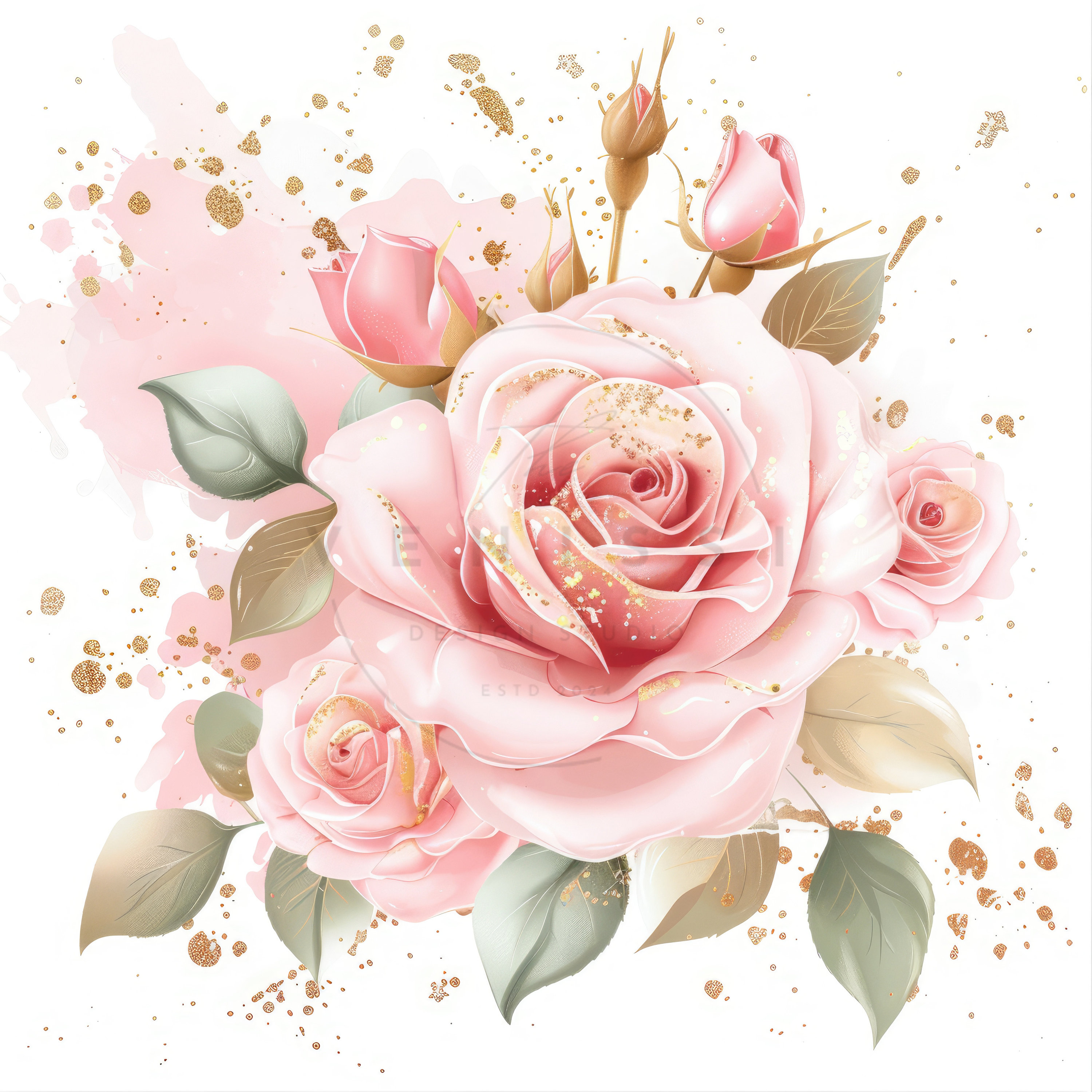 12 Pink Roses With Golden Glitter Clipart, Watercolor Pink Roses ...