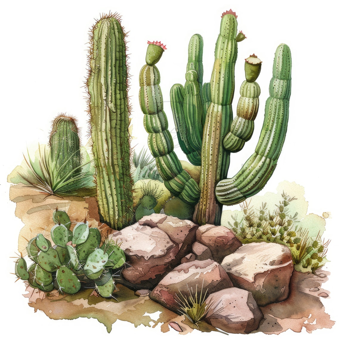 12 Watercolor Cactus in Desert Landscape Clipart Set, Desert Plant ...