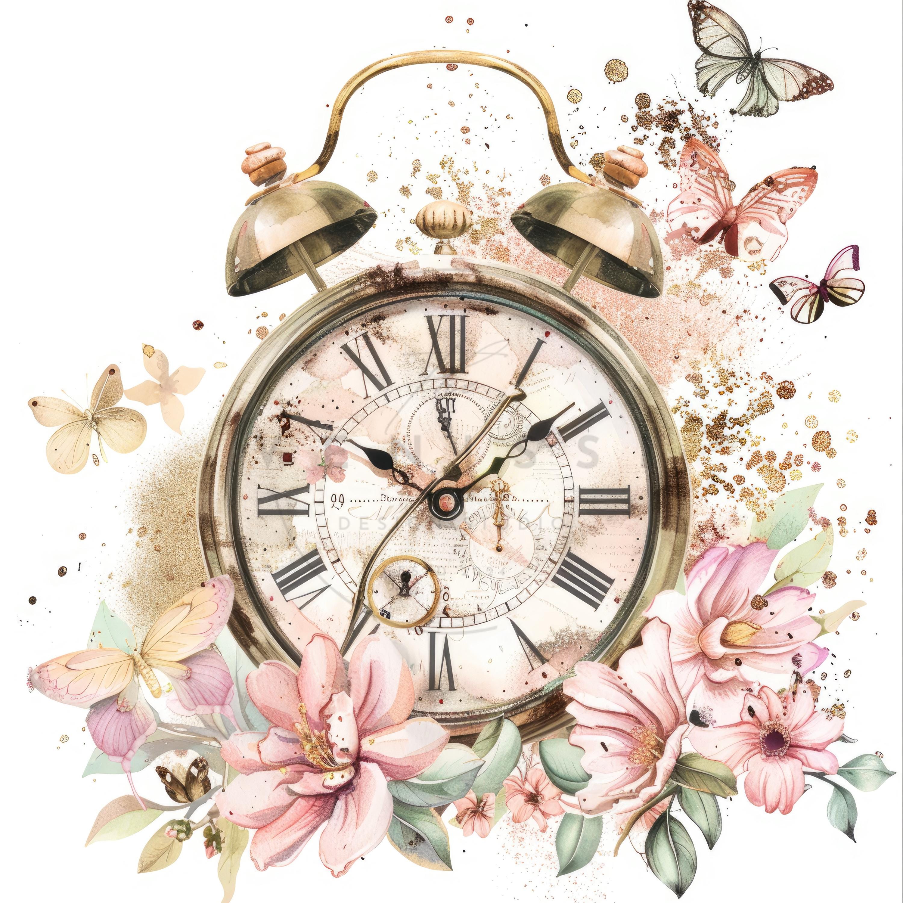18 Vintage Clock in Flowers Clipart, Watercolor Floral Clock Clipart ...