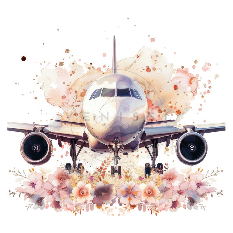 13 Floral Airplane With Gold Clipart, Watercolor Aircraft Clipart ...