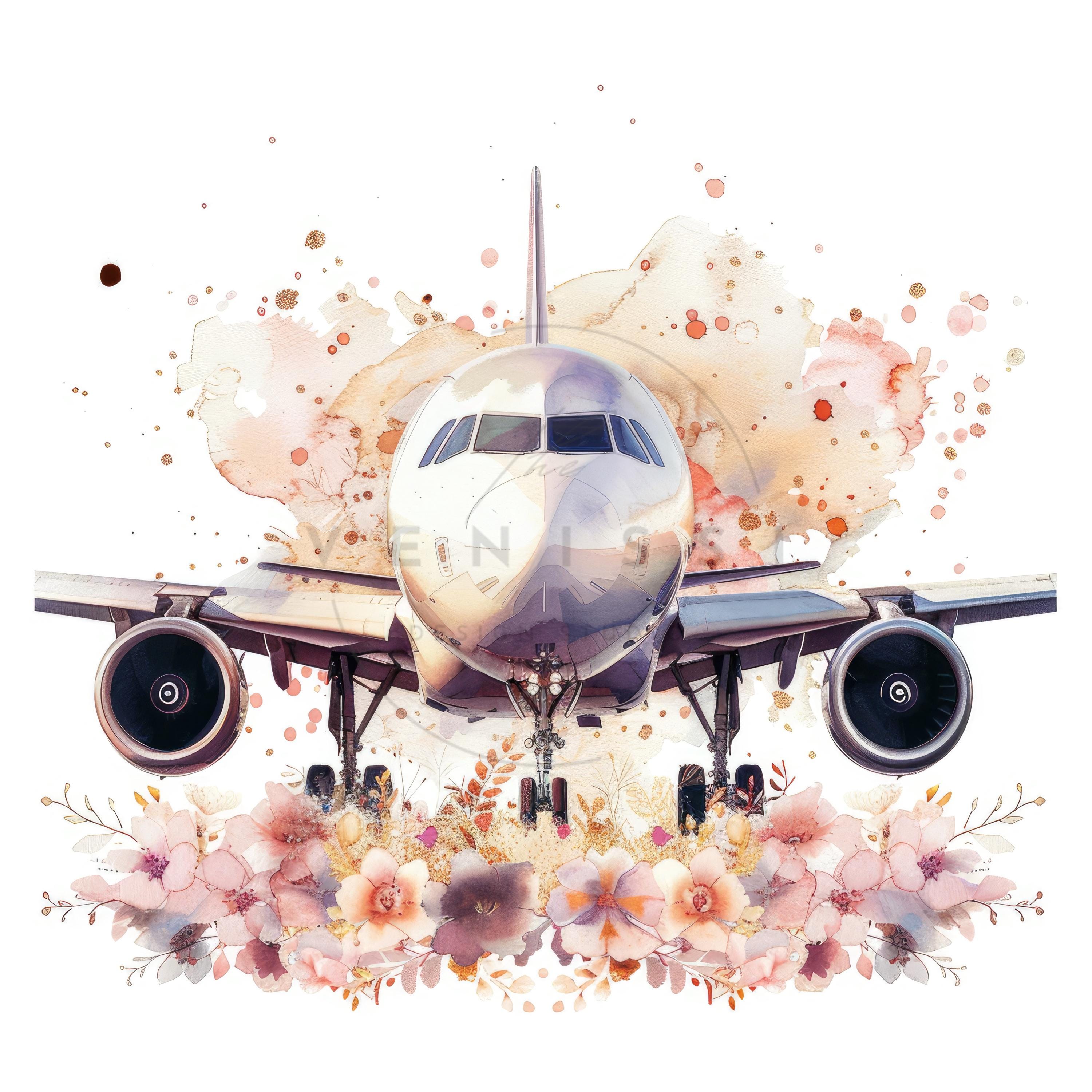 13 Floral Airplane With Gold Clipart, Watercolor Aircraft Clipart ...