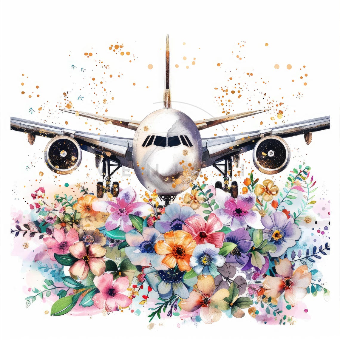 13 Floral Airplane With Gold Clipart, Watercolor Aircraft Clipart ...