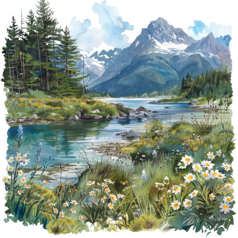 15 Alaskan Coastal Landscape Clipart, Watercolor Forest Clip Art ...