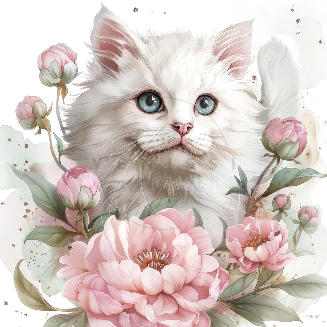 16 Kitten in Flowers Clipart, Watercolor Floral Cats Cliparts ...