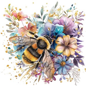 12 Bees in Flowers With Golden Glitter Clipart, Watercolor Bee Clipart ...
