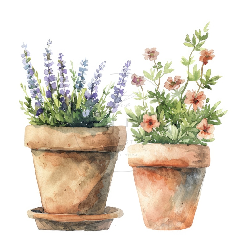 12 Rustic Potted Flowers Clipart Pack, Watercolor Plants in Pot Clip ...