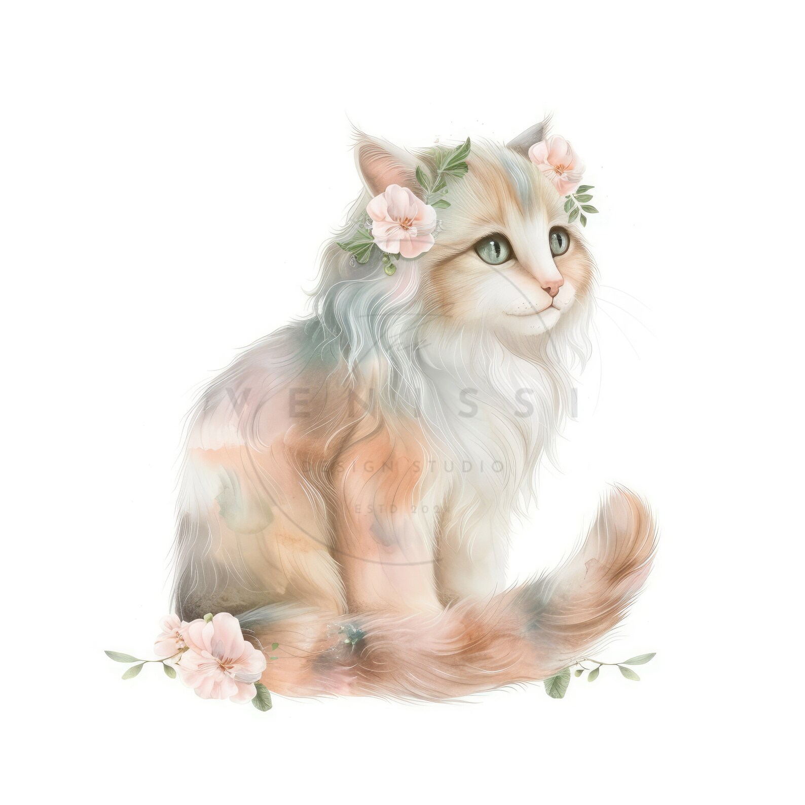 10 Floral Cat Clipart Set, Cute Cat Cliparts, High Quality Jpgs ...