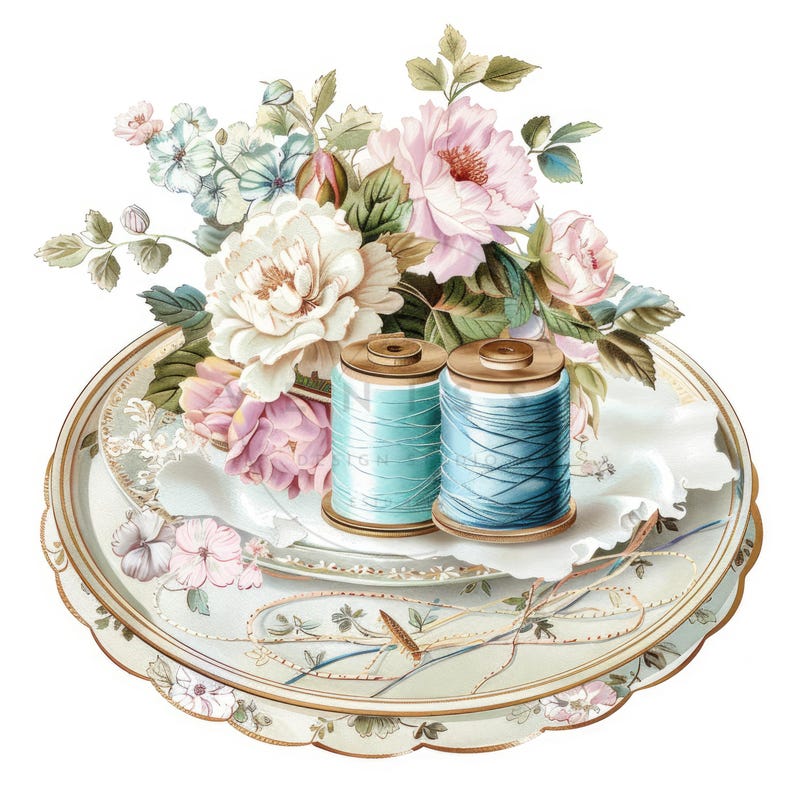 18 Spools of Thread With Flowers Clipart, Watercolor Floral Spool of ...
