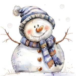 20 Whimsical Snowman Clipart, Watercolor Snowman Clipart, Christmas ...