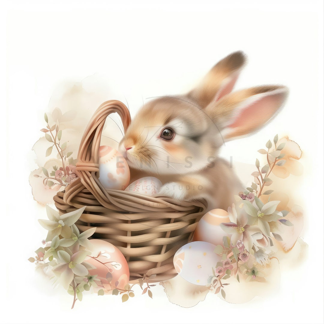 10 Easter Bunny Clipart Set 3, Easter Basket, Printable Watercolor ...