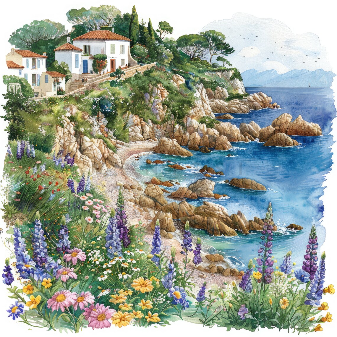 12 French Floral Coast Clipart, Watercolor French Coast Clip Art ...