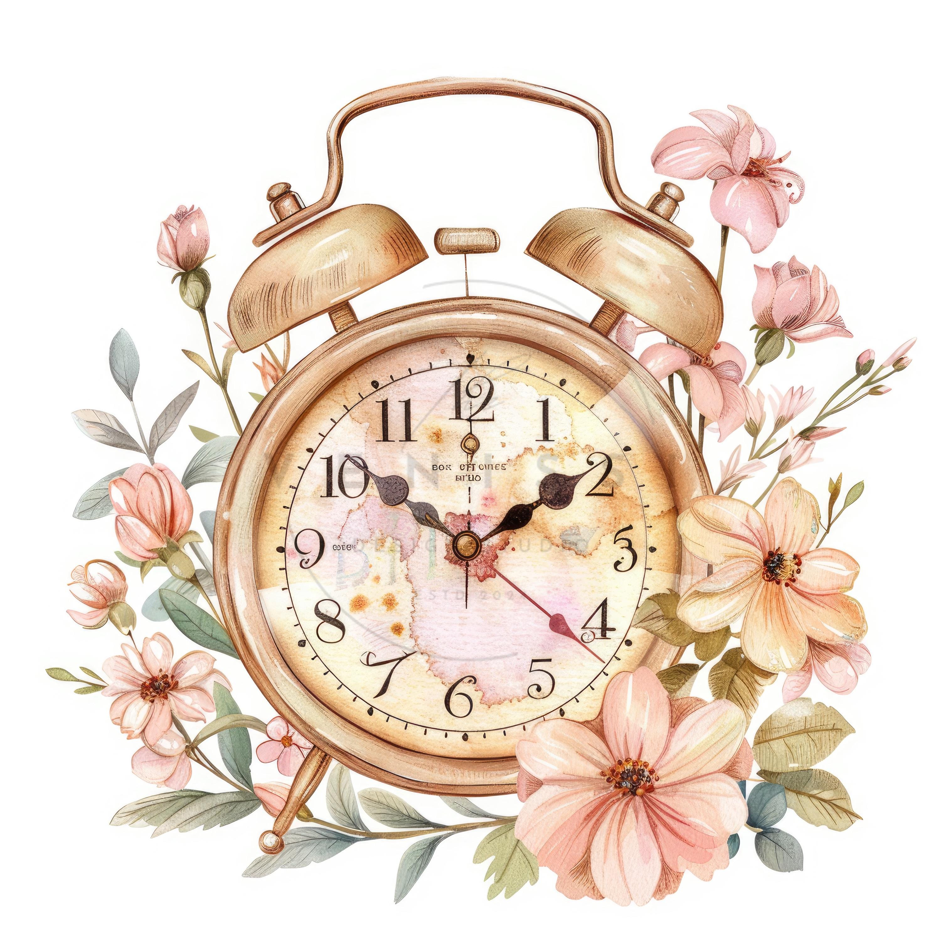16 Vintage Floral Clock Clipart, Watercolor Floral Clock Clipart ...