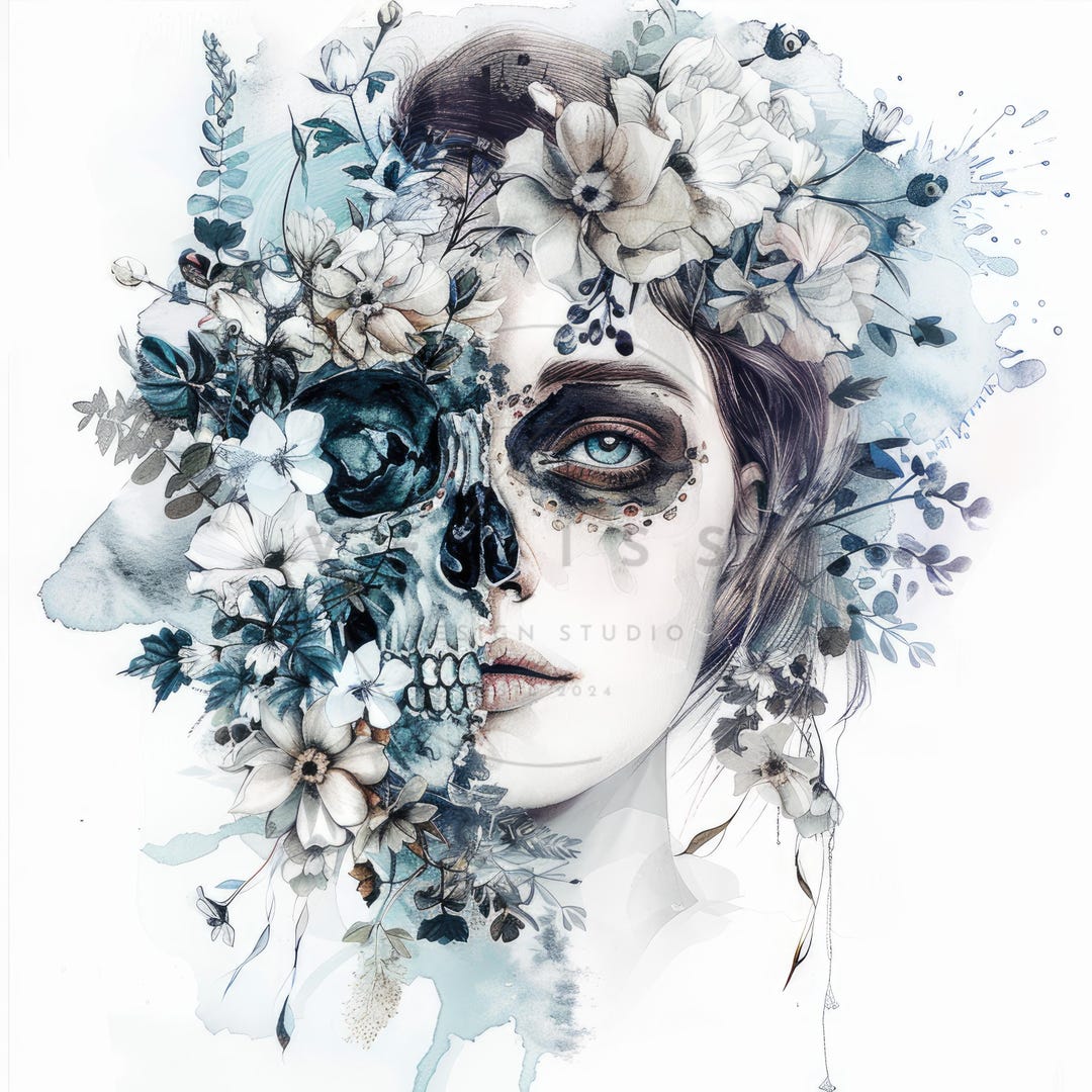 12 Skull Face Clipart, Scary Woman With Flowers Clipart, Printable High ...