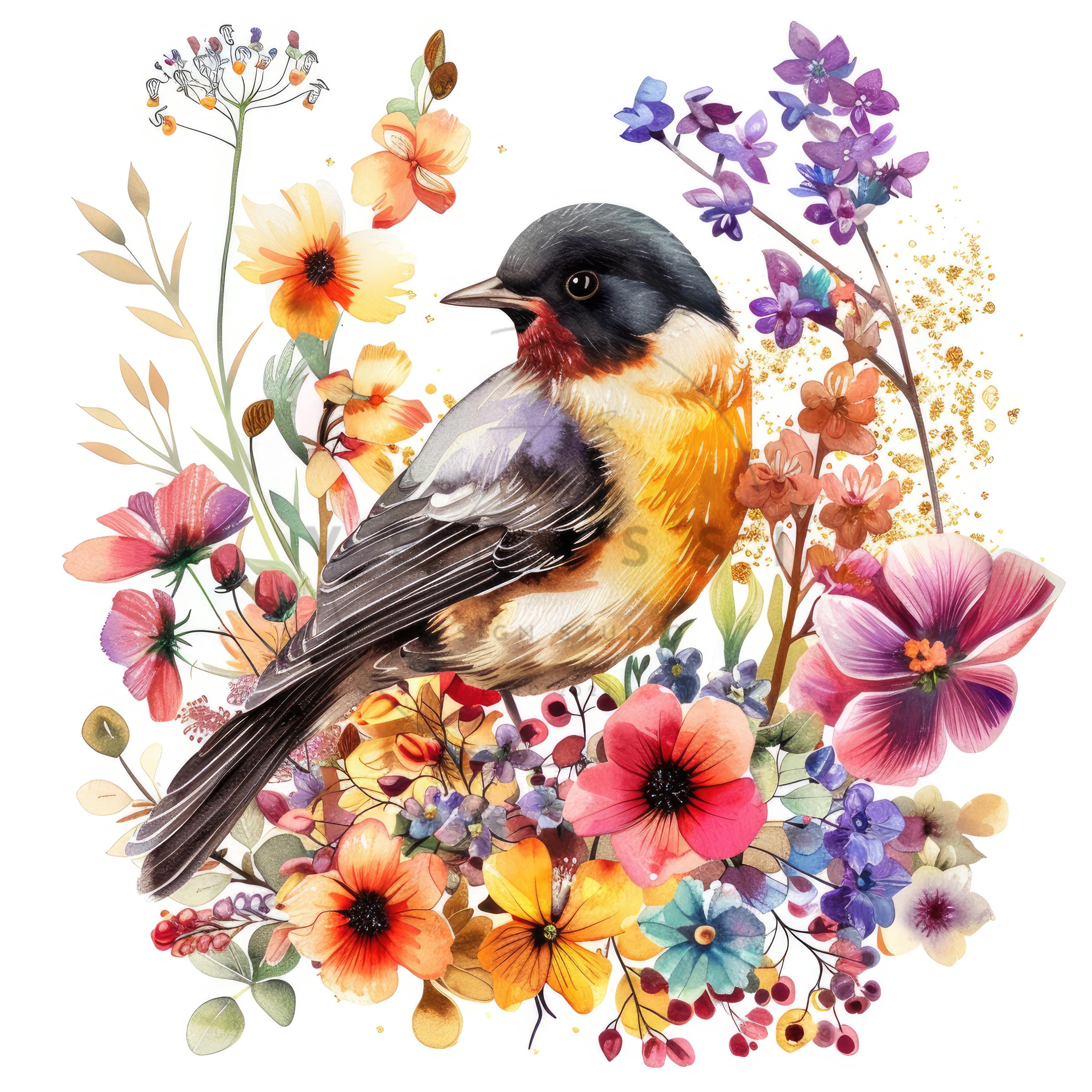 11 Bird in Flowers Clipart, Watercolor Floral Bird Clipart, Printable ...