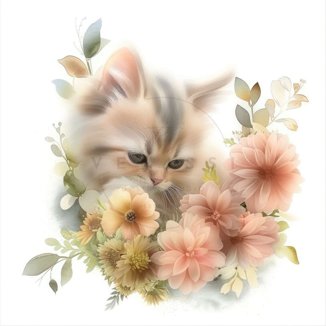 10 Floral Cat Clipart Set, Cute Cat Cliparts, High Quality Jpgs ...