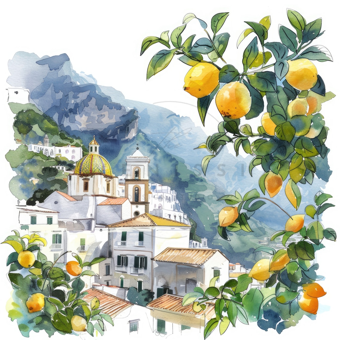 15 Italian Coast Clipart, Watercolor Amalfi Citrus Coast Clip Art ...