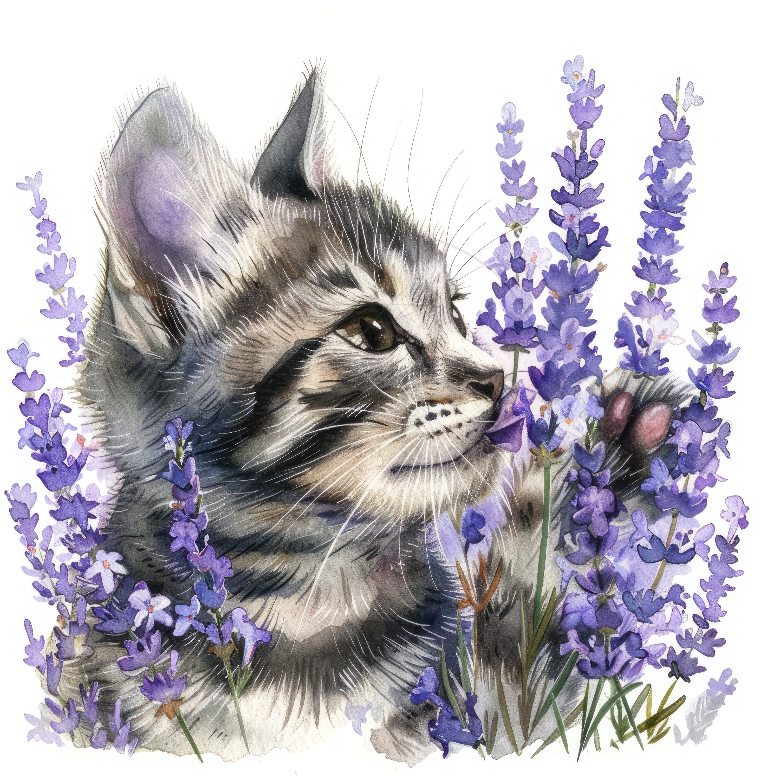15 Cat With Lavender Clipart, Cat and Flowers Clipart, Printable ...