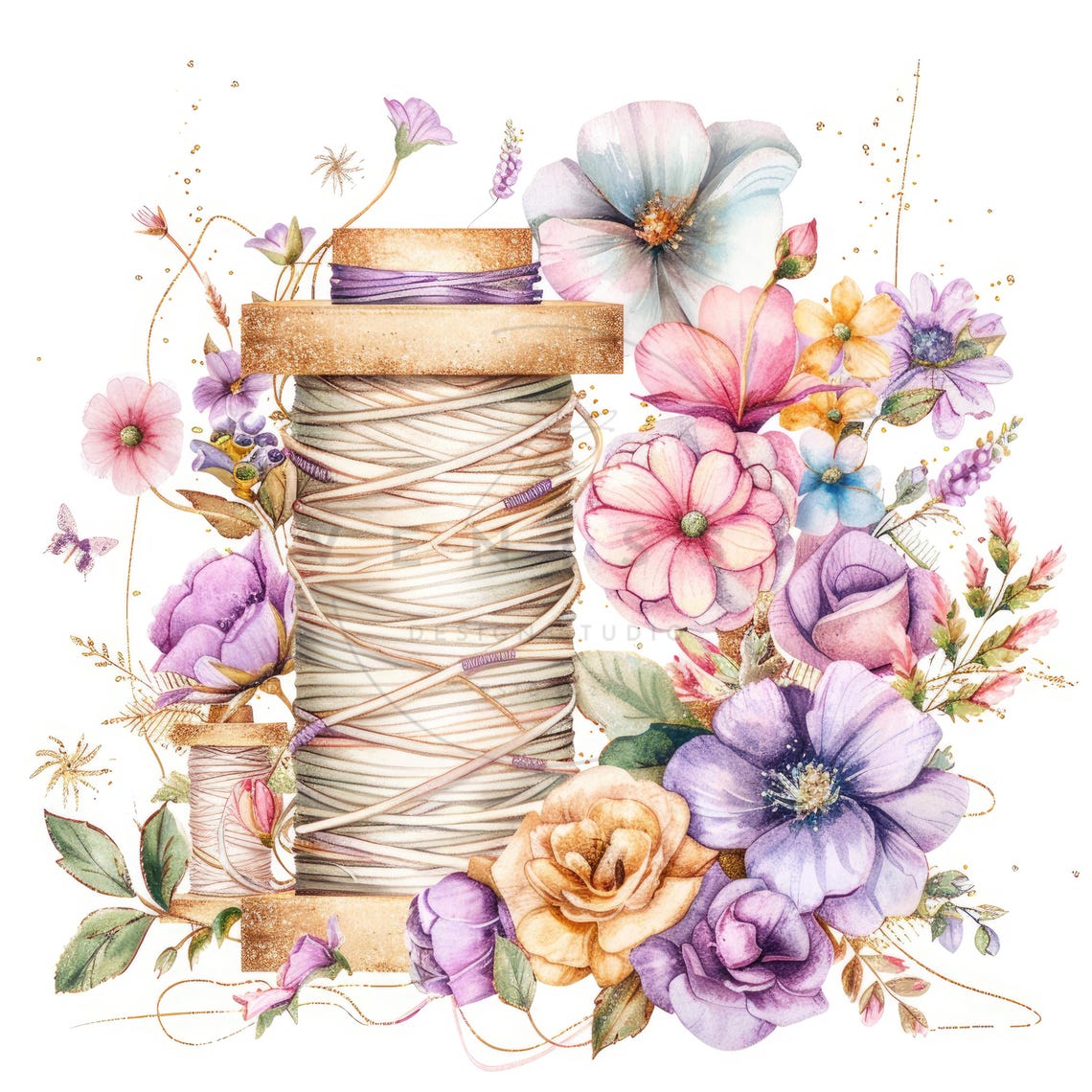 15 Vintage Spool of Thread With Flowers Clipart, Watercolor Floral ...