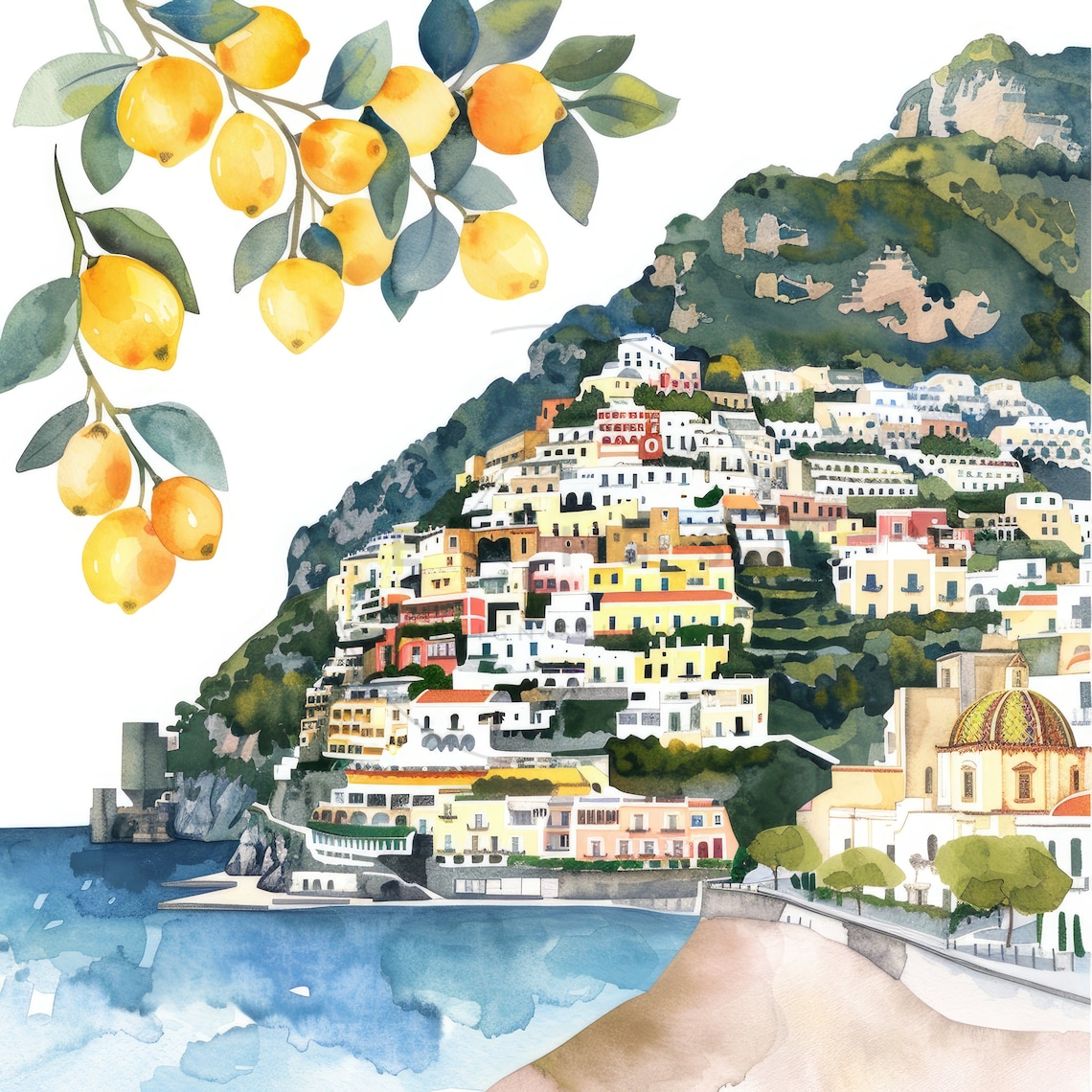 15 Italian Coast Clipart, Watercolor Amalfi Citrus Coast Clip Art ...