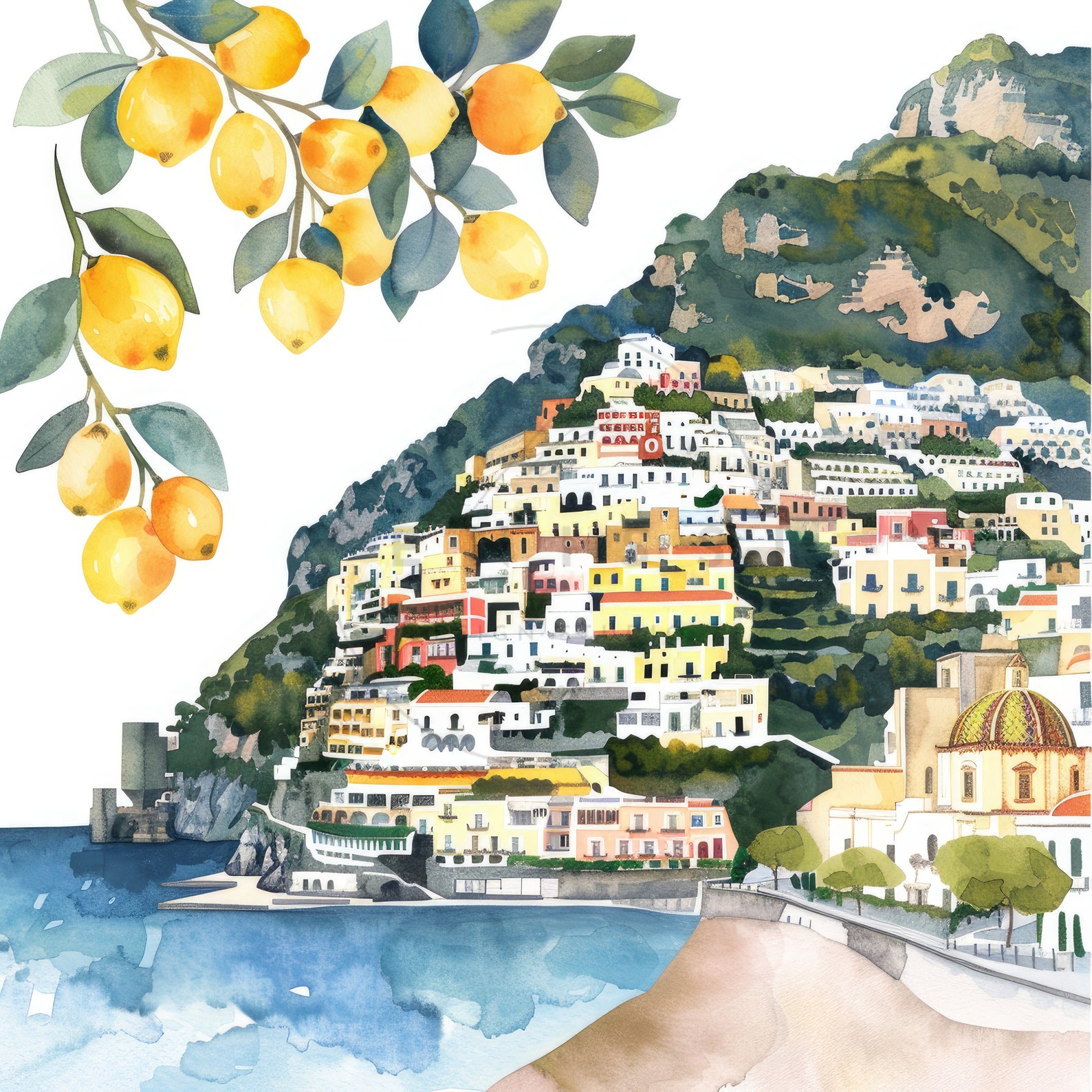 15 Italian Coast Clipart, Watercolor Amalfi Citrus Coast Clip Art ...