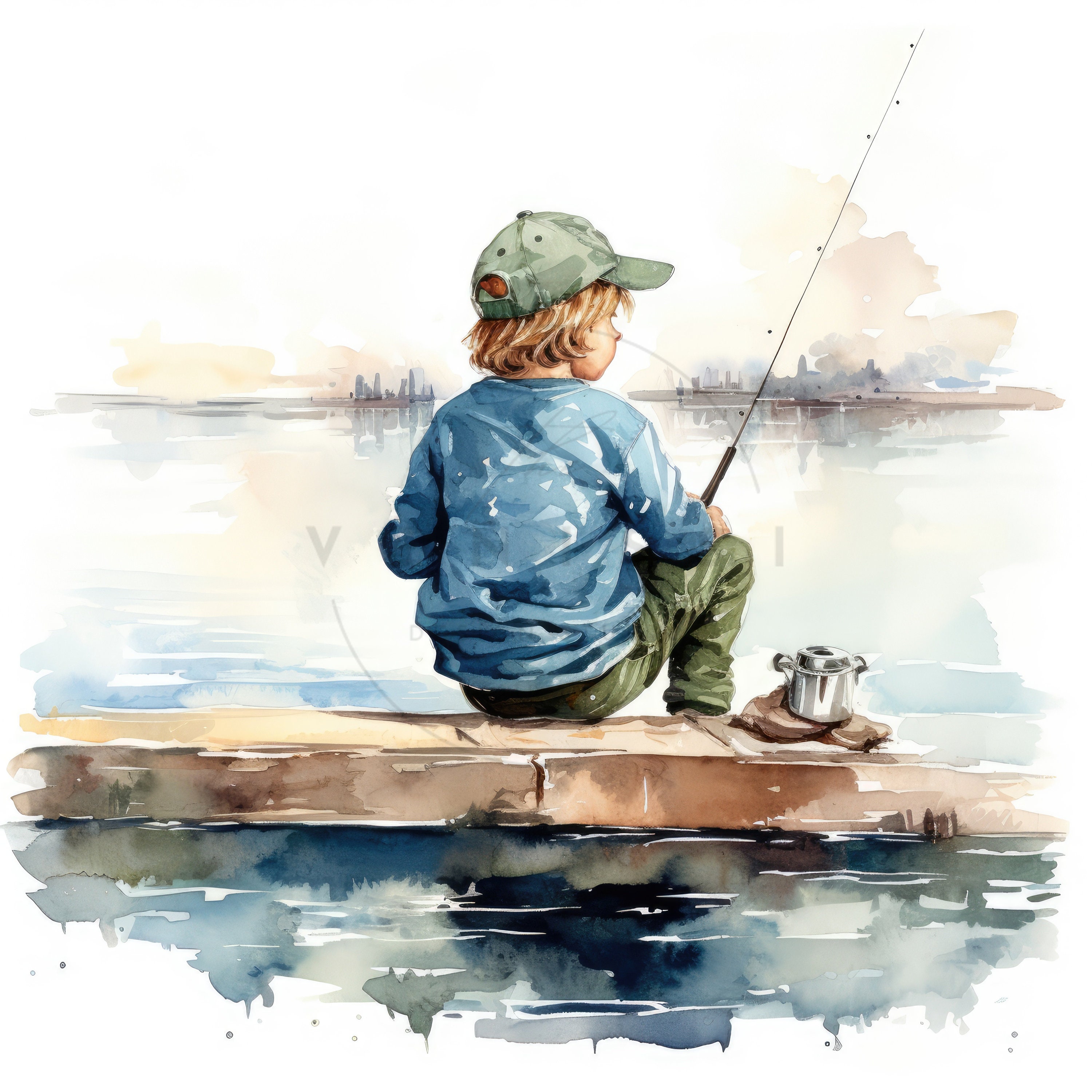 16 Boy Fishing Clipart, Watercolor Fisherman Kid Clipart, Printable ...