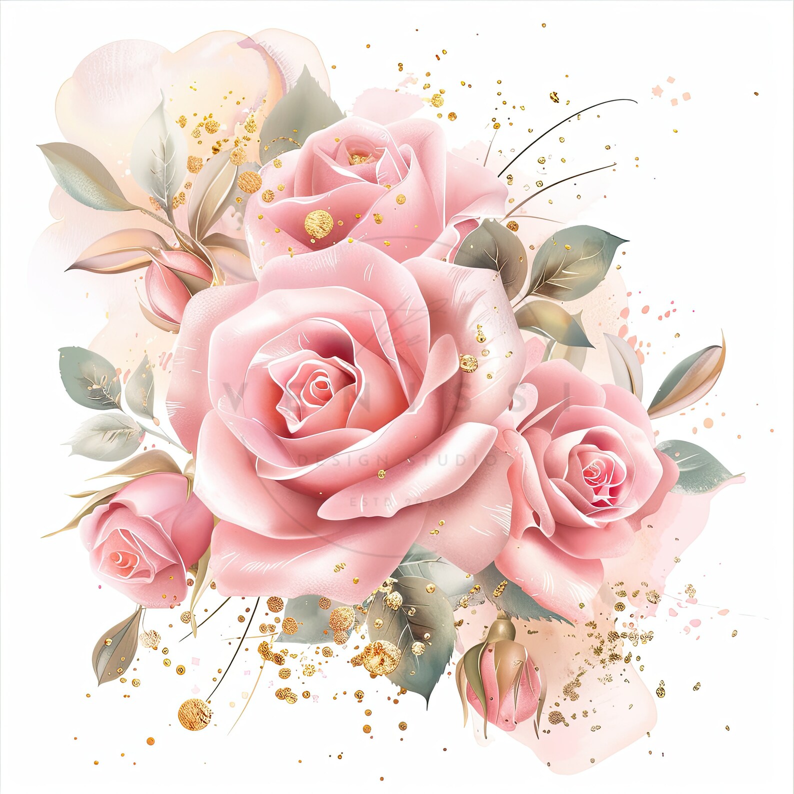 12 Pink Roses With Golden Glitter Clipart, Watercolor Pink Roses ...